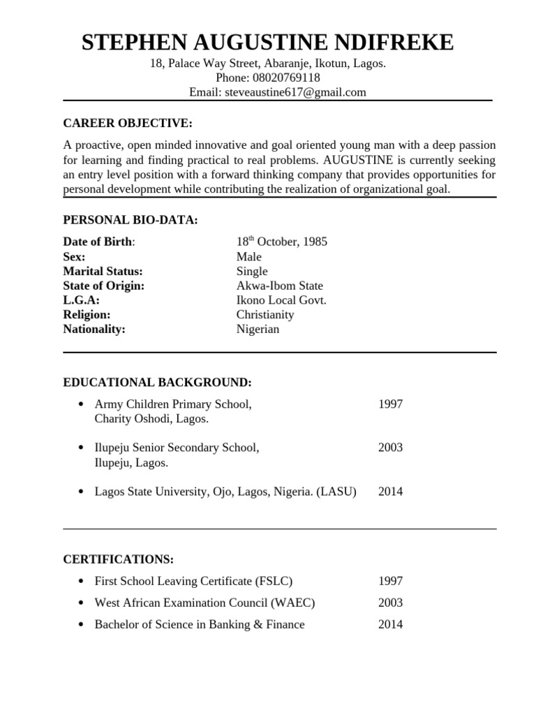 Stephen Augustine Ndifreke: Career Objective | PDF | Cognition