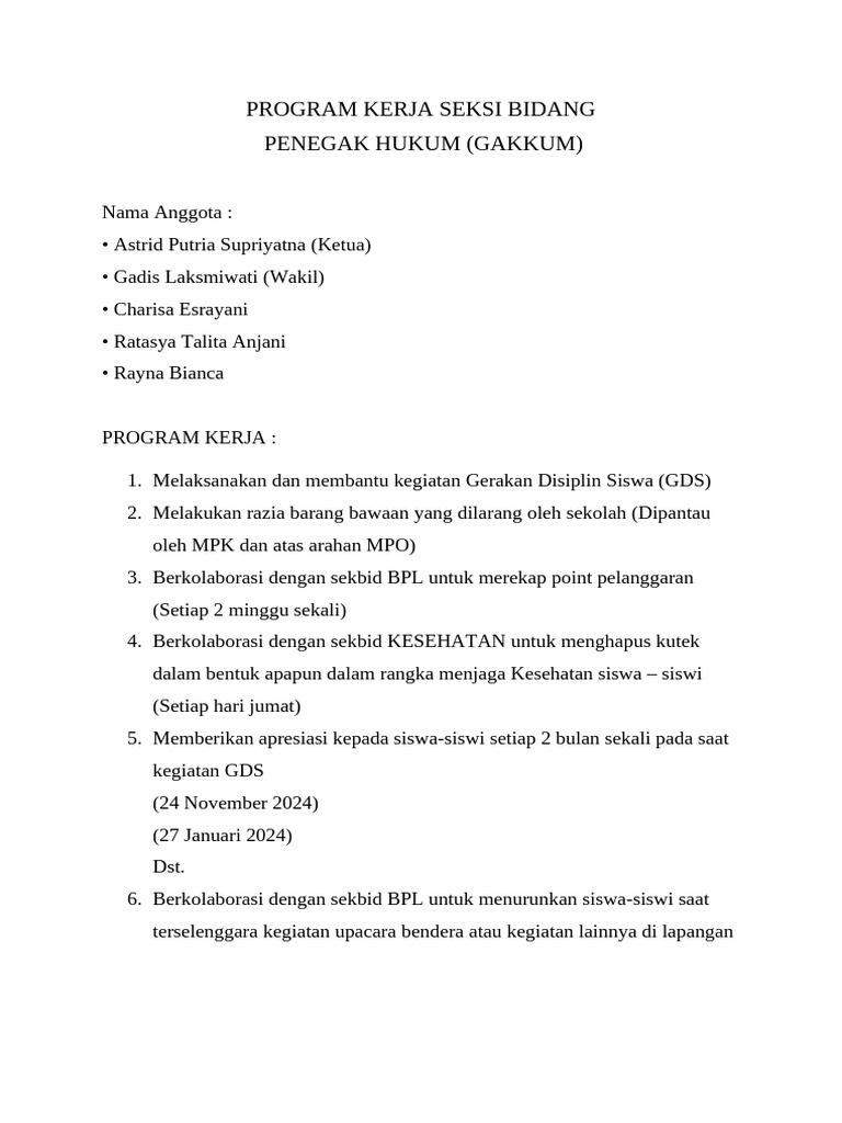 Program Kerja Seksi Bidang Gakkum OSIS | PDF