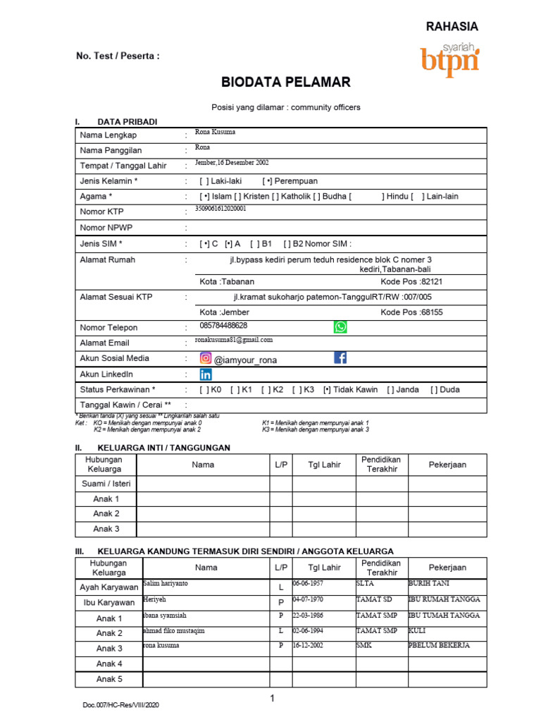 Form Biodata Pelamar New 202008 - Final-Dikonversi | PDF