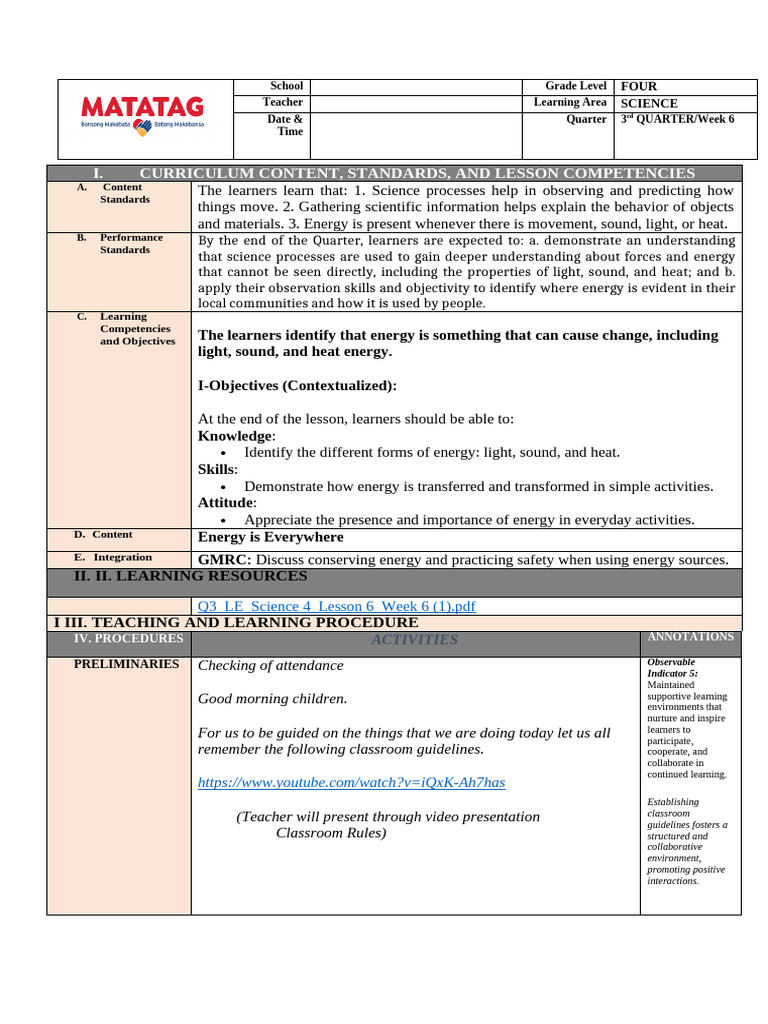 SCIENCE 4 q3 Week 6 ENERGY IS EVERYWHERE Detailed | PDF | Learning ...