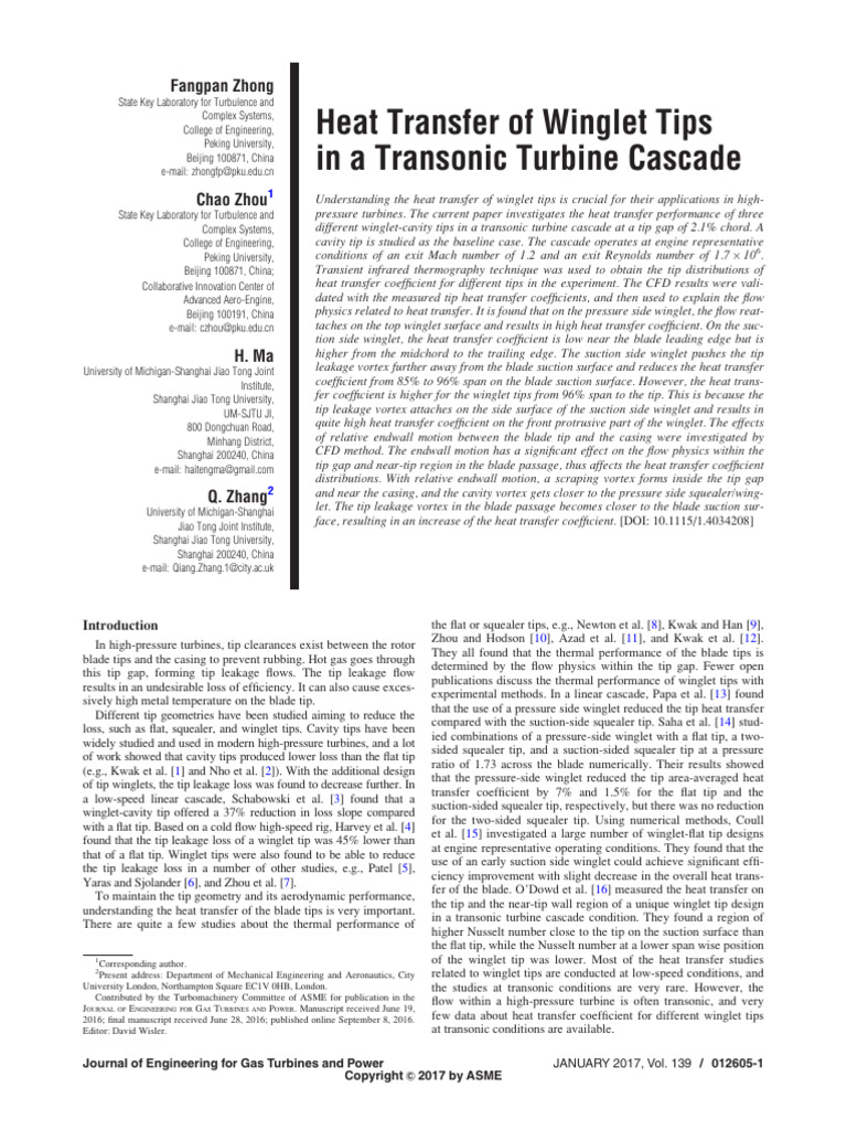 2016-Heat Transfer of Winglet Tips in A Transonic Turbine Cascade | PDF | Mach Number | Turbine