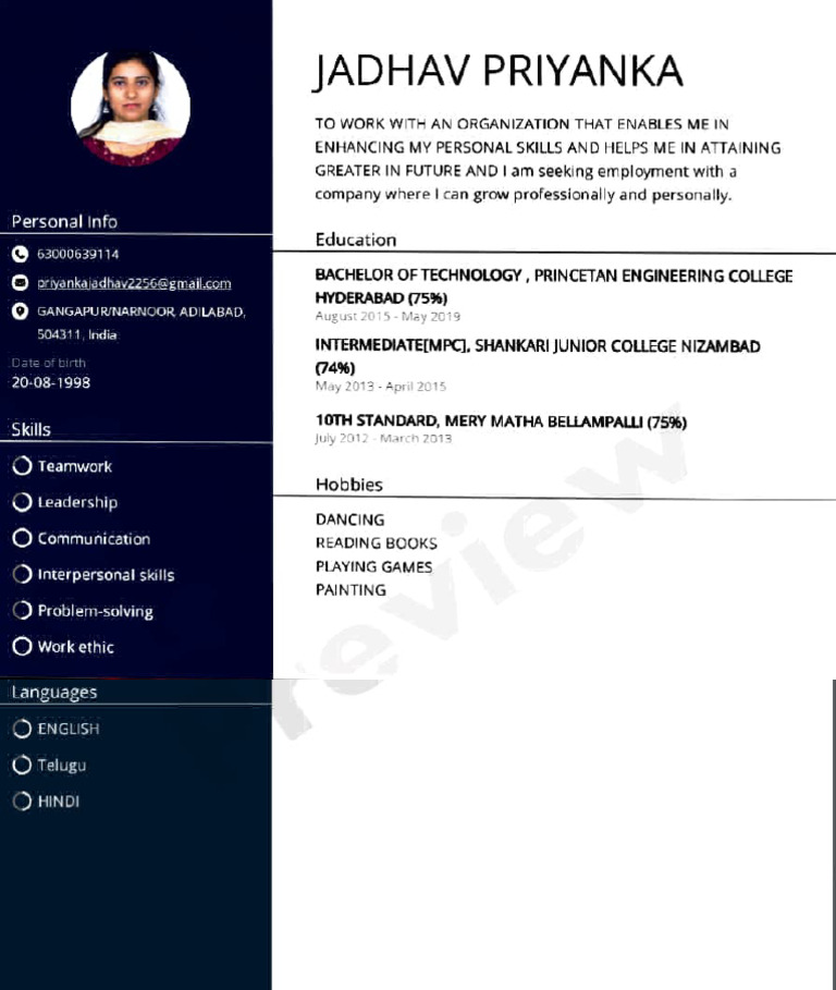 Priyanka Jadhav's Resume Overview | PDF