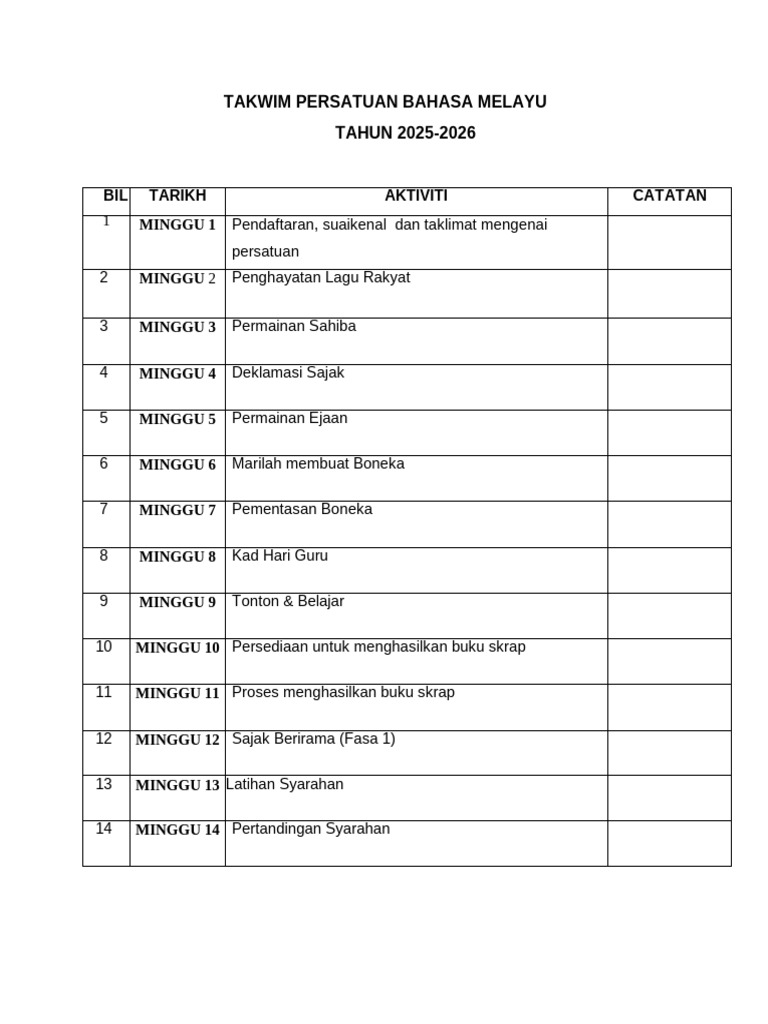 Takwim Persatuan BM 2025-2026 | PDF
