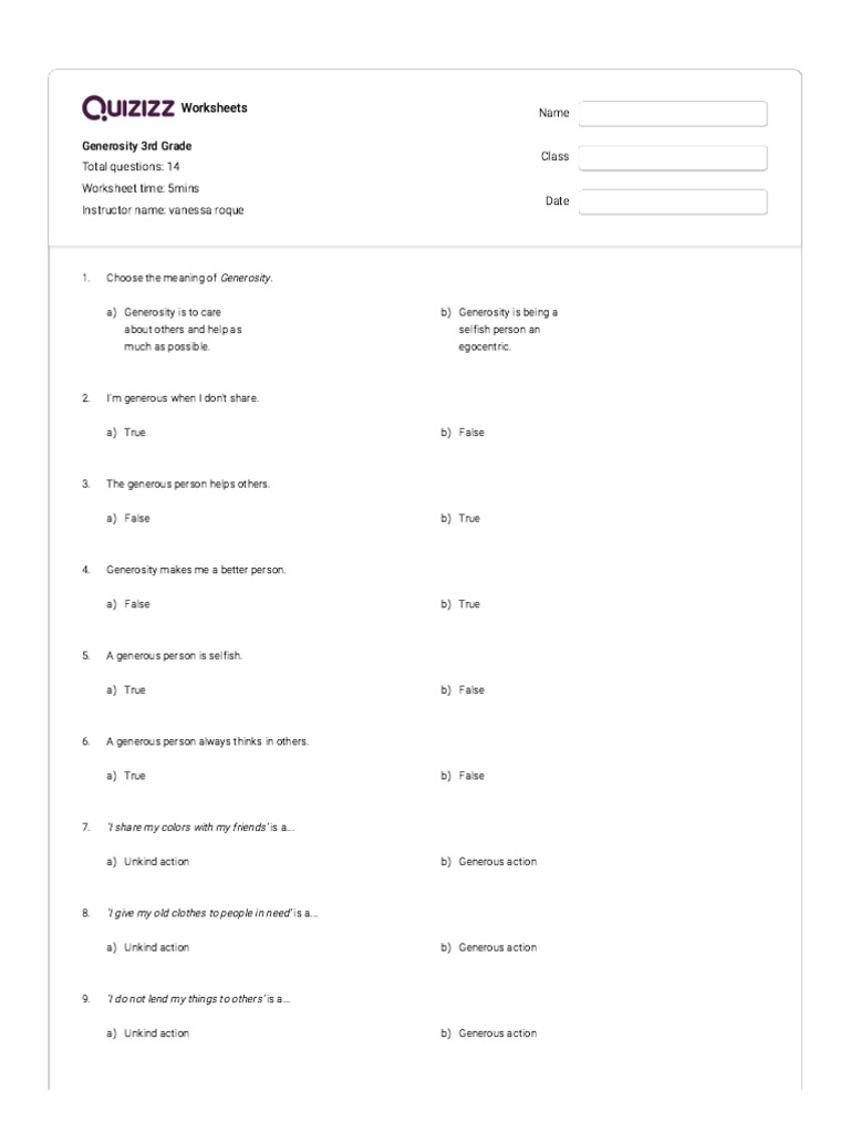 Generosity 3rd Grade - Quizizz | PDF