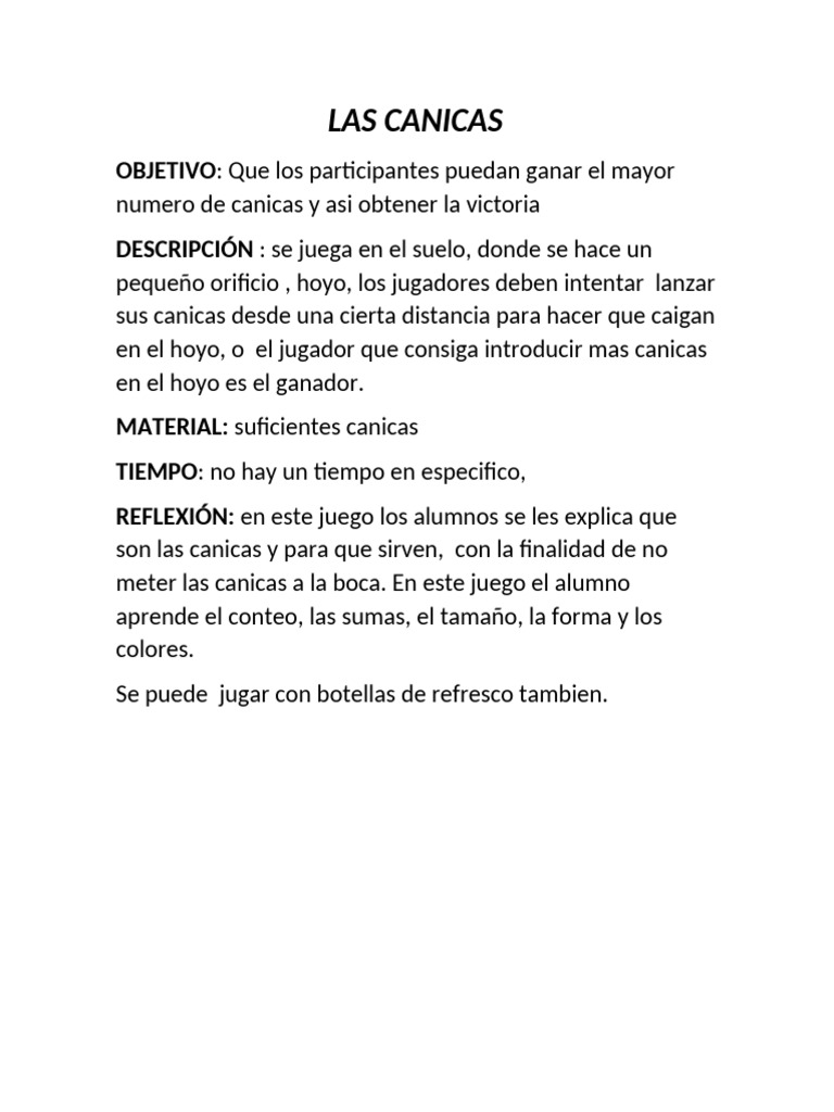 Juego de Canicas: Reglas y Objetivos | PDF