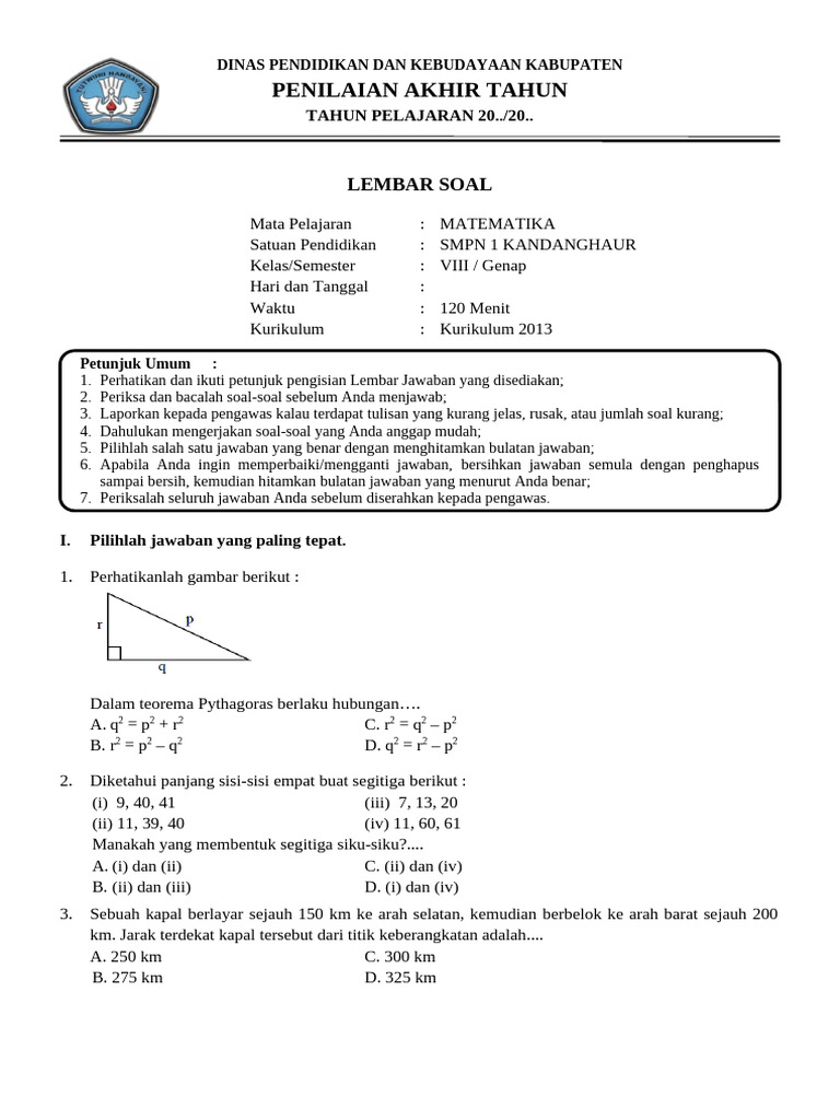 Soal PAT MTK Kelas 8 TA 2023-2024 | PDF