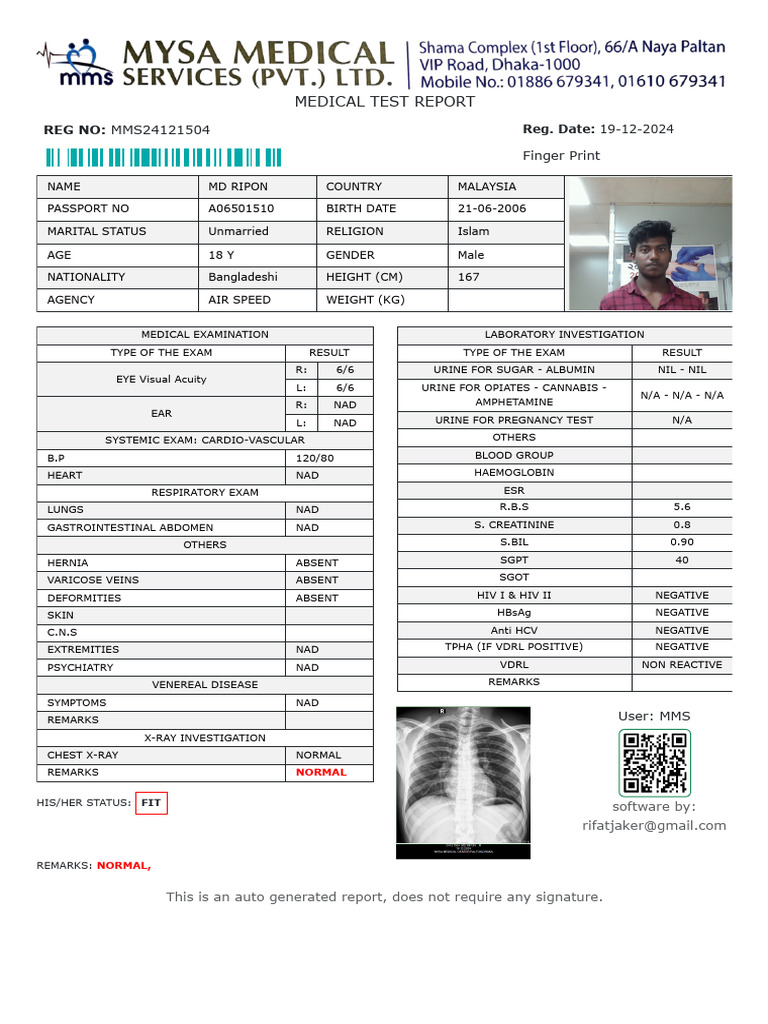 Mysa Medical Test Report for Visa | PDF | Medicine | Diseases And Disorders