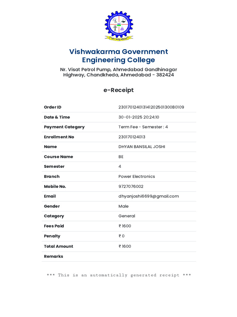 Sem 4 Clg Fee Receipt | PDF