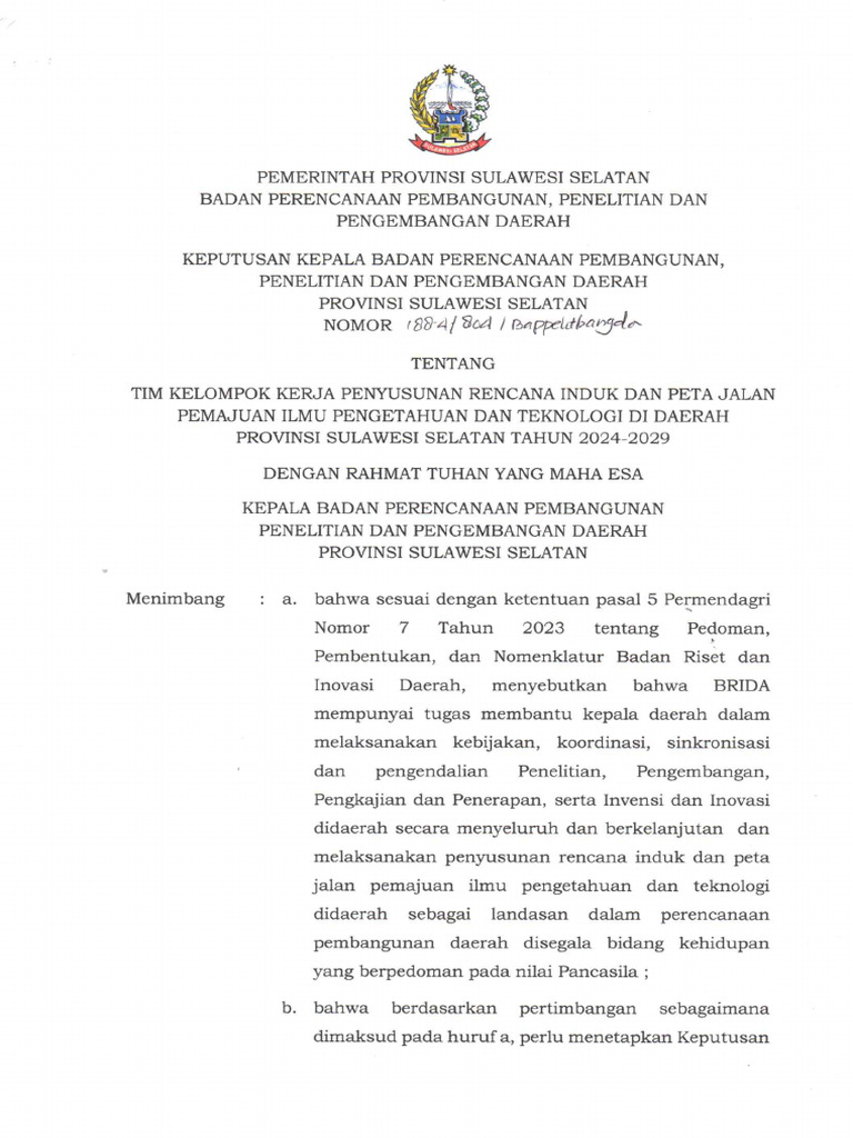 SK Tim Pokja Rencana Induk Dan Peta Jalan Pemajuan IPTEK Di Daerah Prov ...