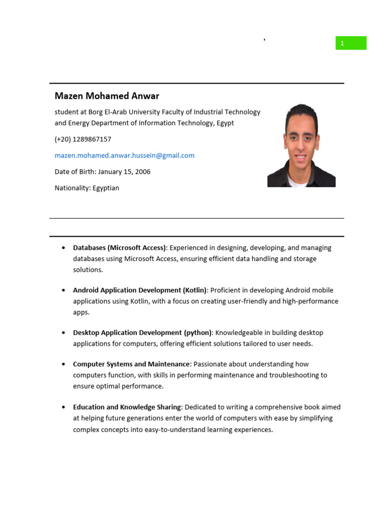 CV For The Student Mazen Mohammed Anwar, IT Department 2024 | PDF | Databases | Android ...