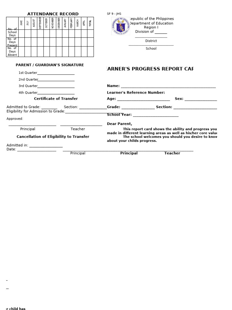 Learner's Progress Report Card Template | PDF | Learning | Behavioural ...