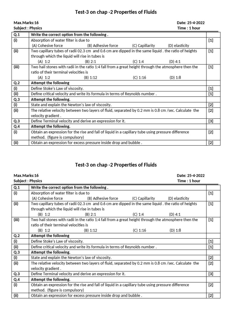 12th Class Test On Chap 2 | PDF | Viscosity | Reynolds Number