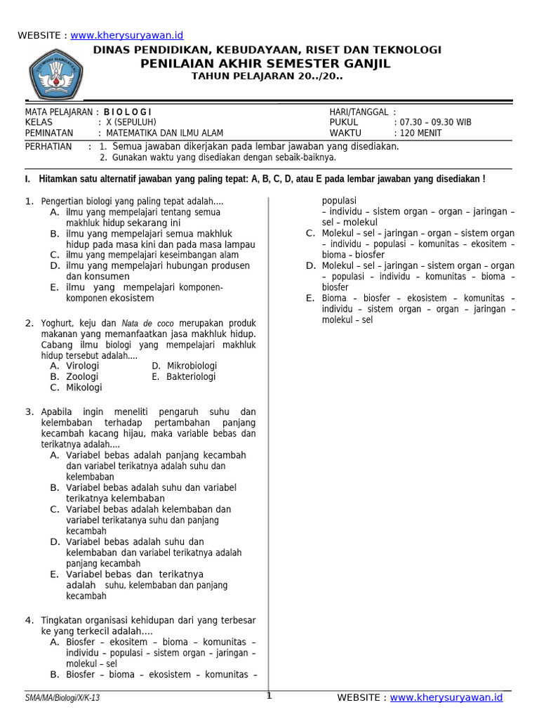 Soal & Jawaban Pas Biologi Kelas X k13 - Website WWW - Kherysuryawan.id | PDF