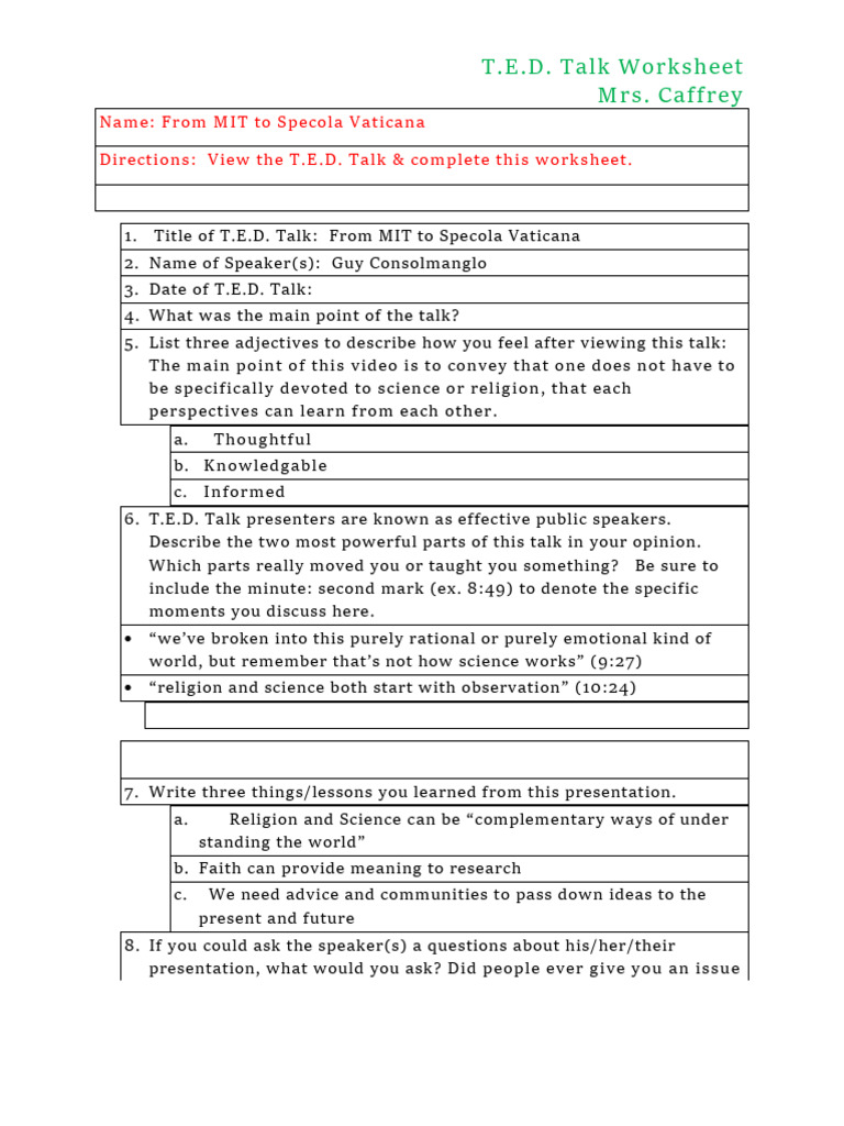 Ted Talk Worksheet Template | PDF