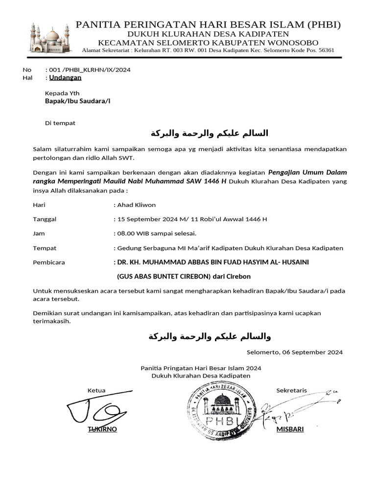 Surat Undangan PHBI Klurahan | PDF