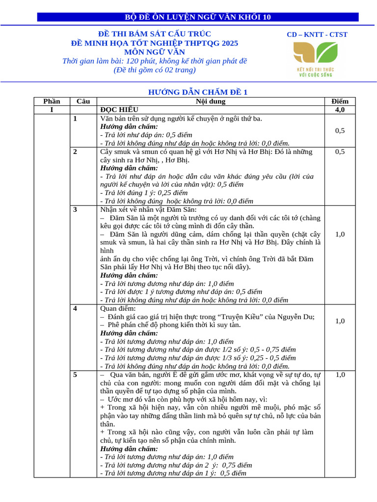 Dap An de Minh Hoa Ngu Van 10 Cau Truc Moi | PDF