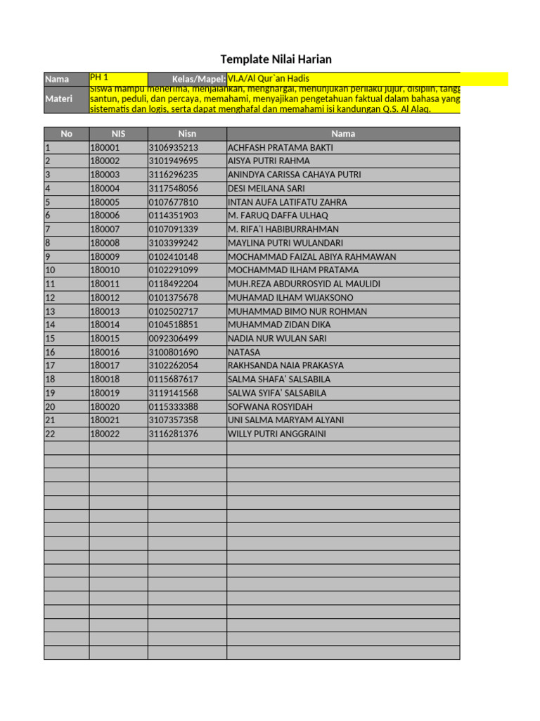 Template Nilai Harian-VI.A-Al Qur`an Hadis | PDF