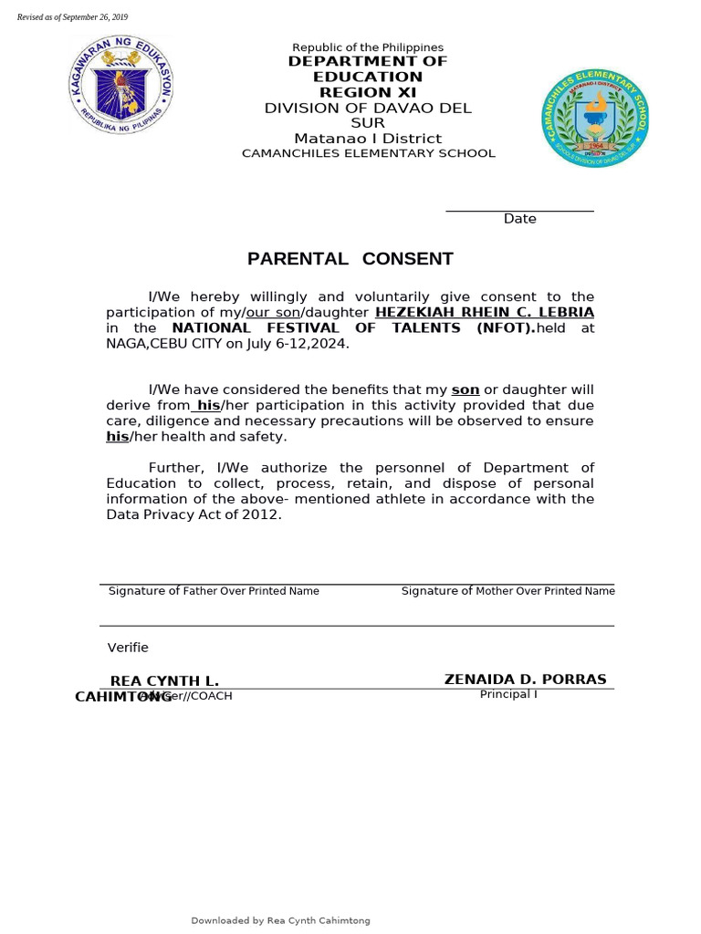 2020 Parents Consent Revised 2 | PDF