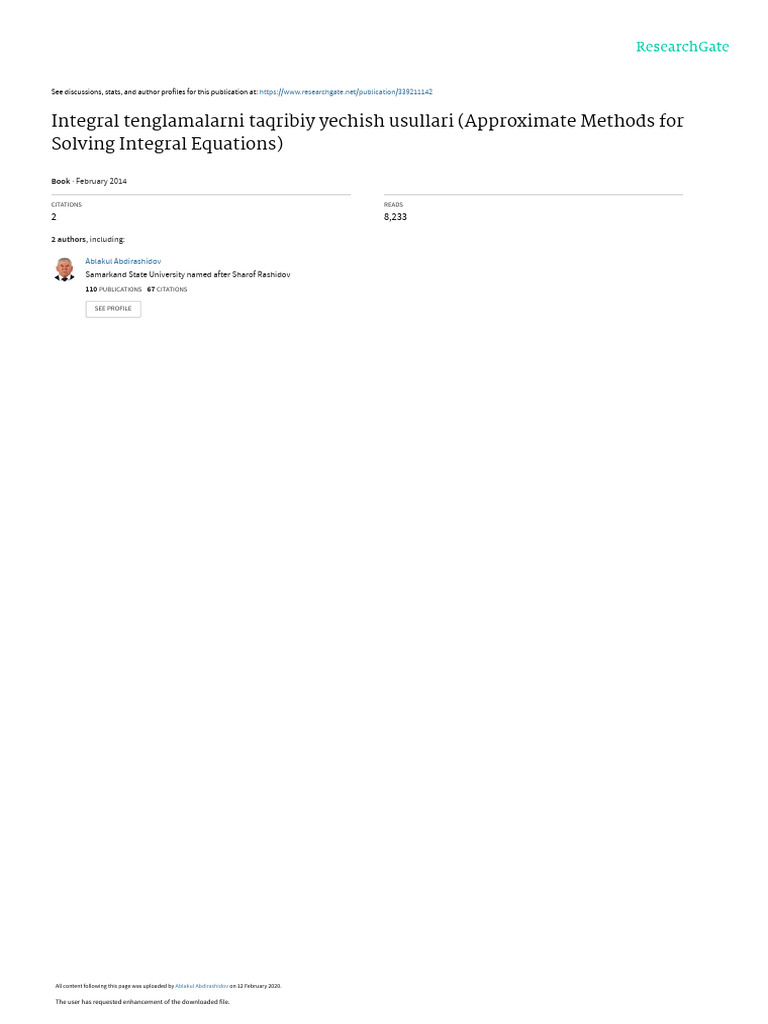 Integral Tenglamalarni Taqribiy Yechish Usullari (Approximate Methods For Solving Integral ...