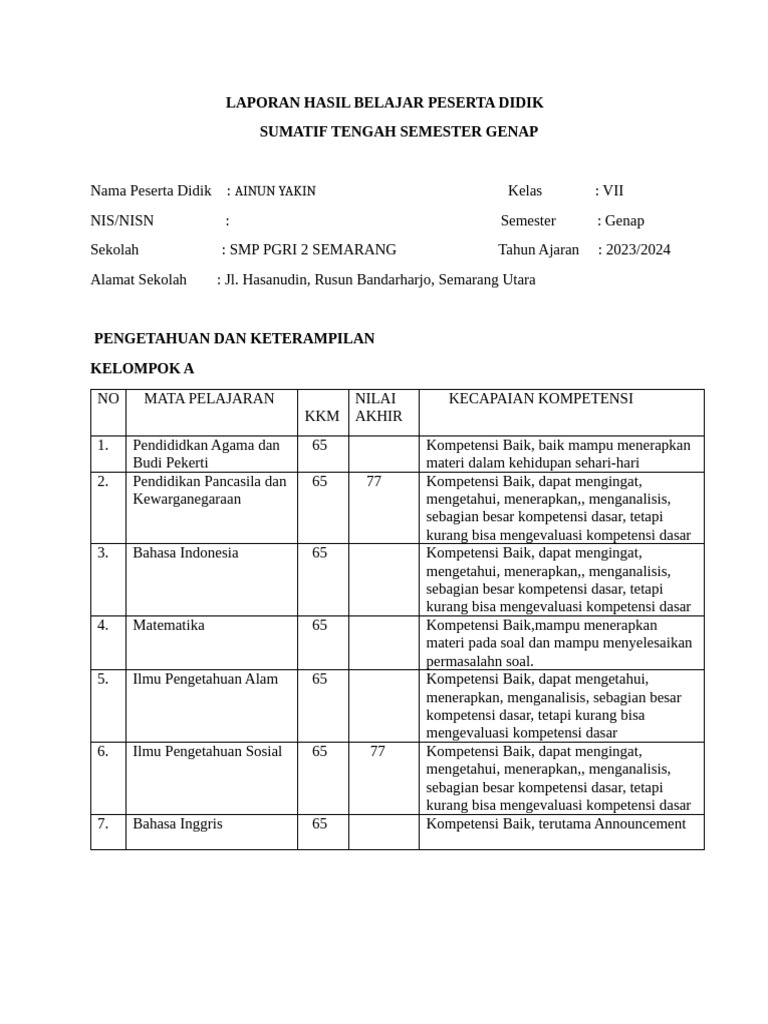 Raport PTS KLS 7 Semester 2. | PDF