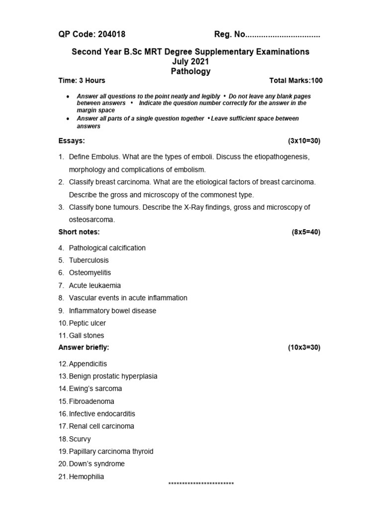 QP Code: 204018 Reg. No................................. Second Year B.SC MRT Degree ...