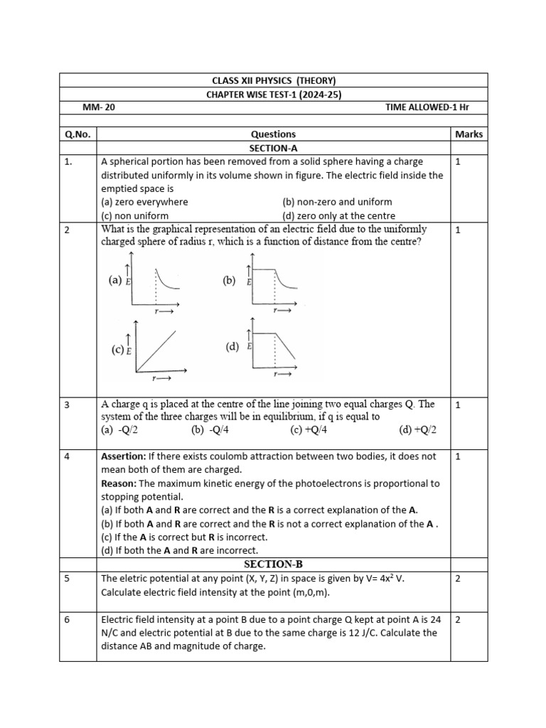 Xii Ch-1 Physics Qp_083805 | PDF | Electric Field | Sphere