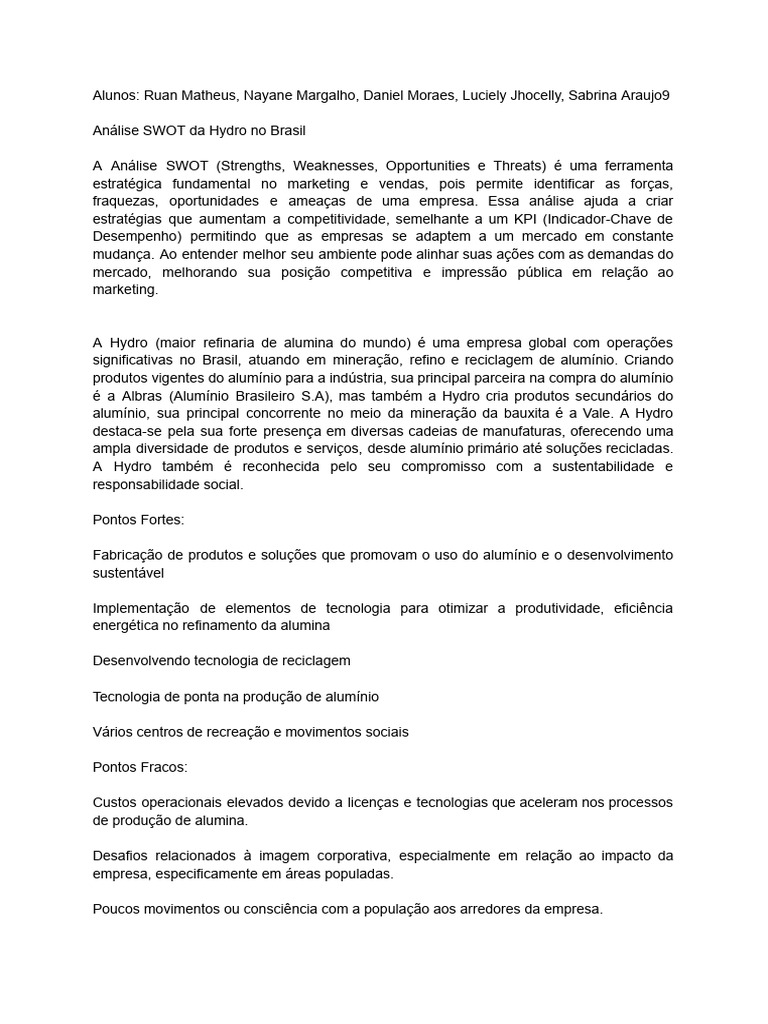 Análise de SWOT (Nosk Hydro) | PDF | Análise SWOT | Custo