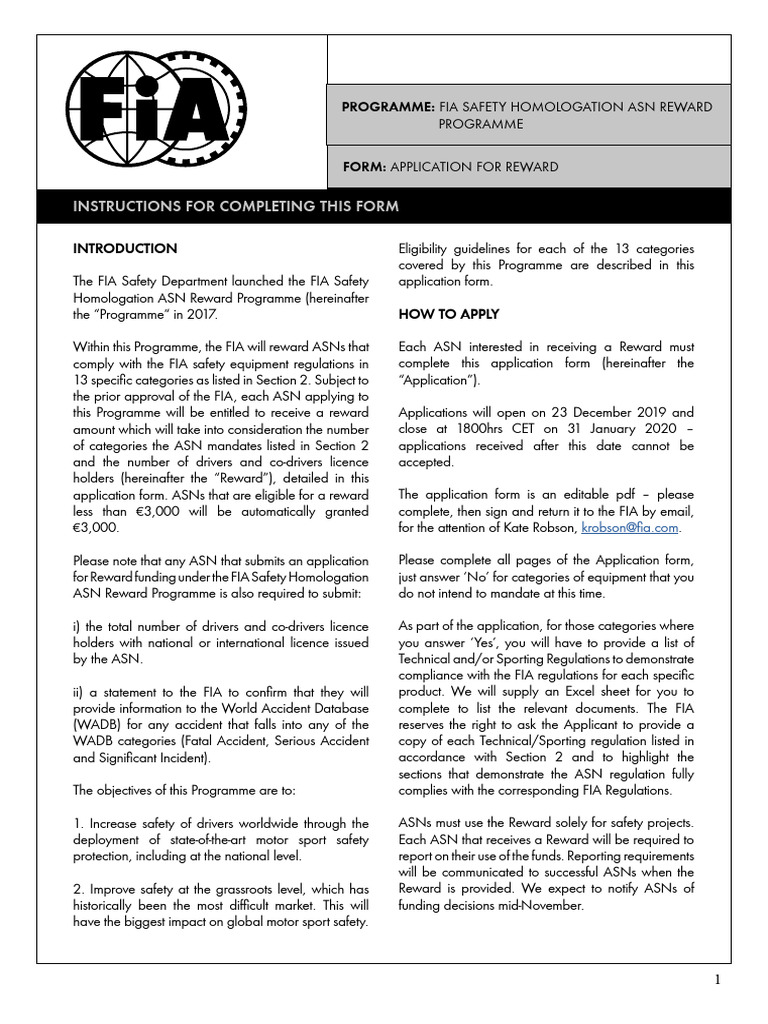 Fia Safety Homologation Asn Reward Programme Application Form 2019 2 ...