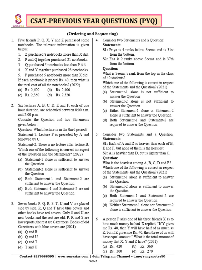 CSAT PYQs - Ordering and Sequencing - Sunya IAS | PDF