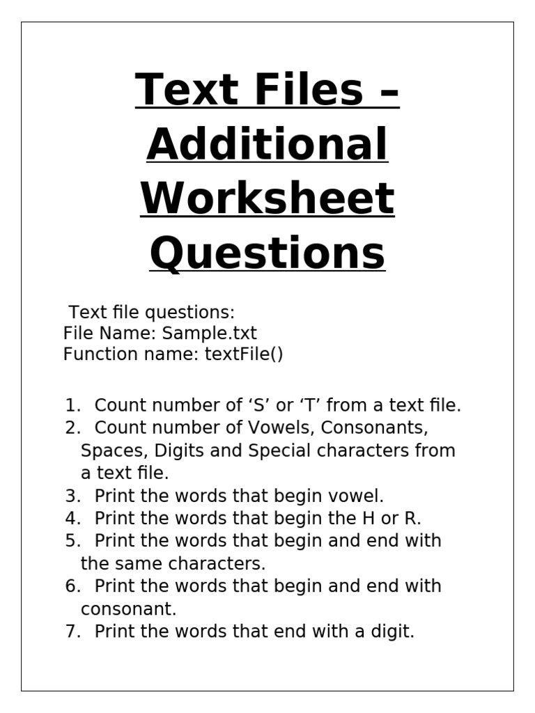 Questions Only Additonal Worksheet Text Files | PDF
