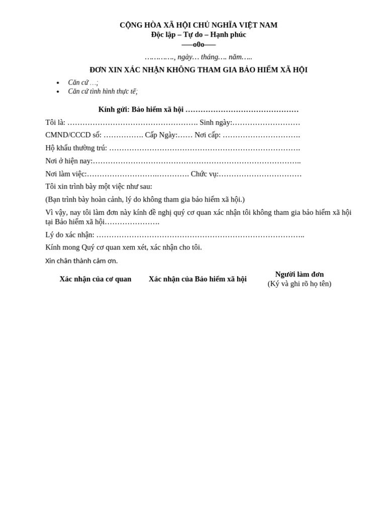 Mau Don Xin Xac Nhan Khong Tham Gia Bao Hiem Xa Hoidoc2819 | PDF