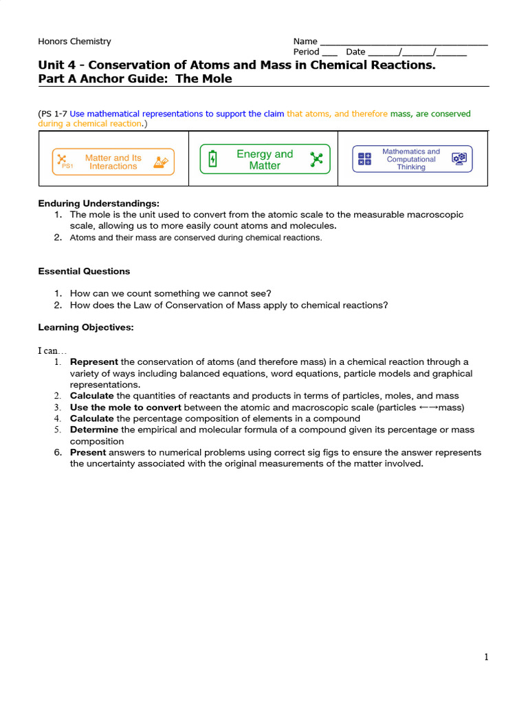 Anchor Guide 4A - The Mole (PS 1-7 Start) 2 | PDF | Mole (Unit) | Molecules