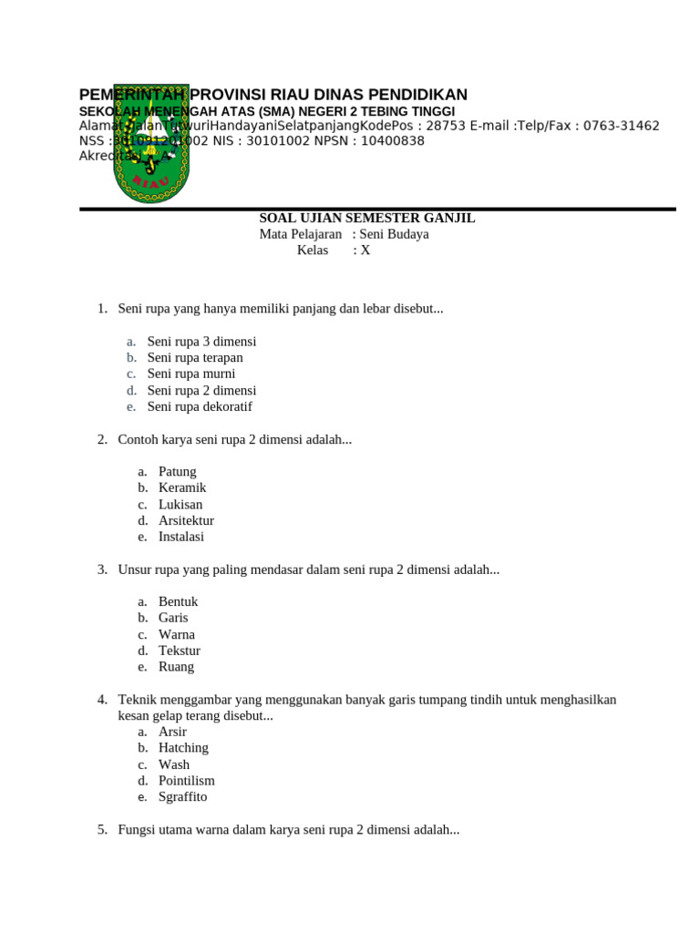 Soal Semester Ganjil KLS X 2024-2025 Seni Rupa | PDF