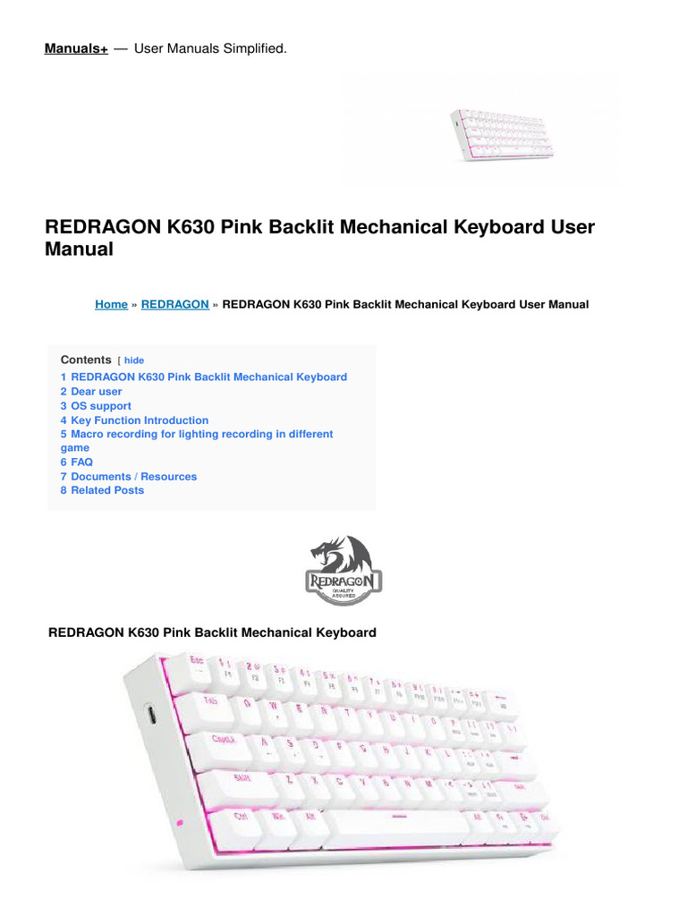 Redragon K630 Pink Keyboard Manual | PDF | Computer Keyboard | Backlight