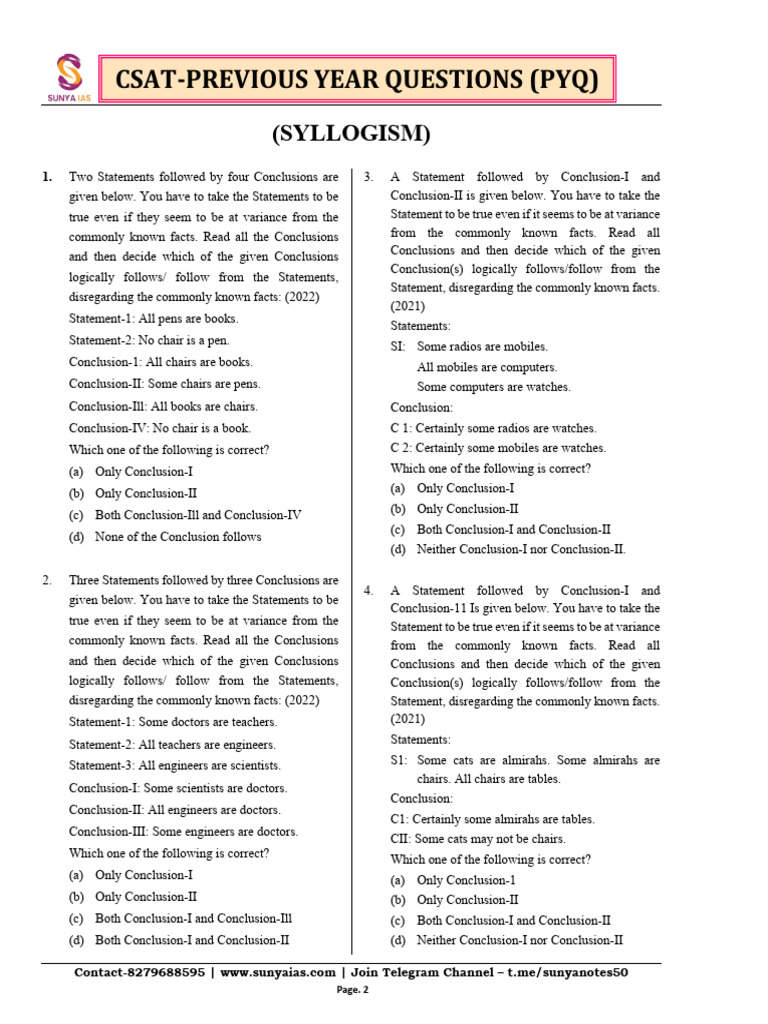CSAT PYQs - Syllogism - Sunya IAS | PDF | Argument | Logic