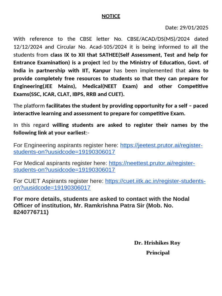 Notice About SATHEE Project | PDF