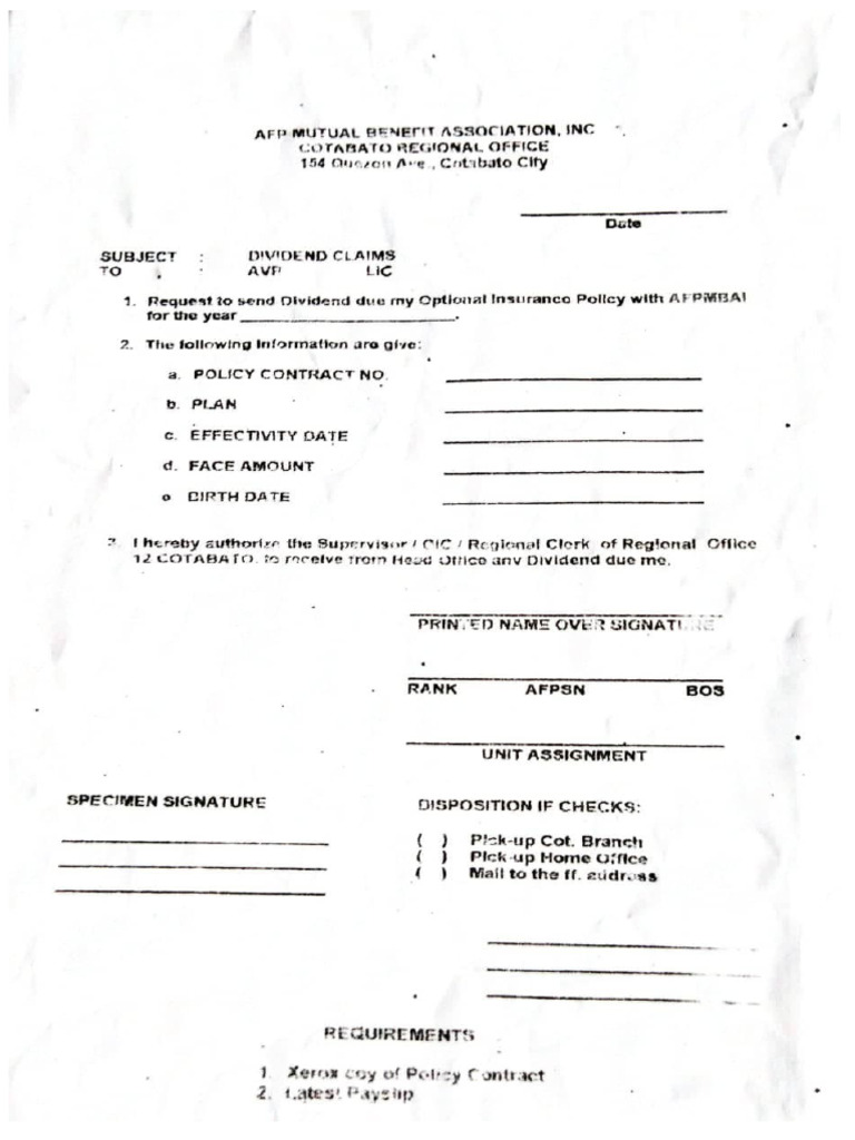AFPMBAI Dividend Claim Form | PDF