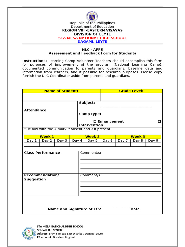 Student Assessment Feedback Form | PDF