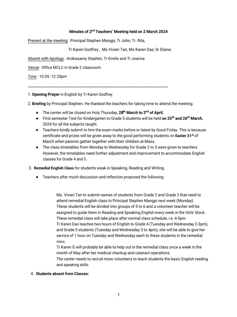Minutes of 2nd Teachers' Meeting, MCLC-print | PDF | Teachers