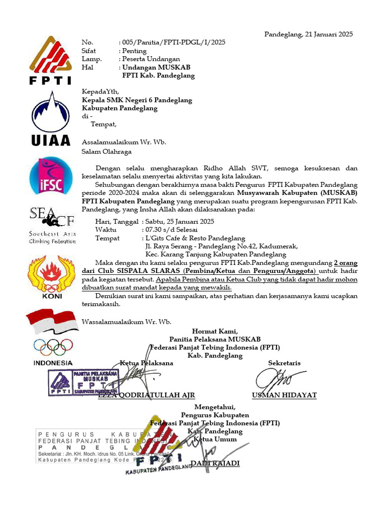 Undangan MUSKAB FPTI Pandeglang 2025 | PDF