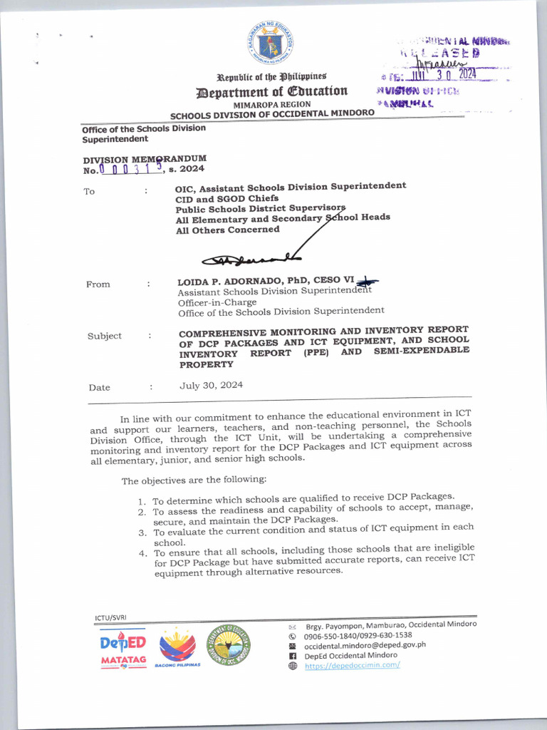 DM No. 315, S. 2024 - Comprehensive Monitoring and Inventory Report of ...