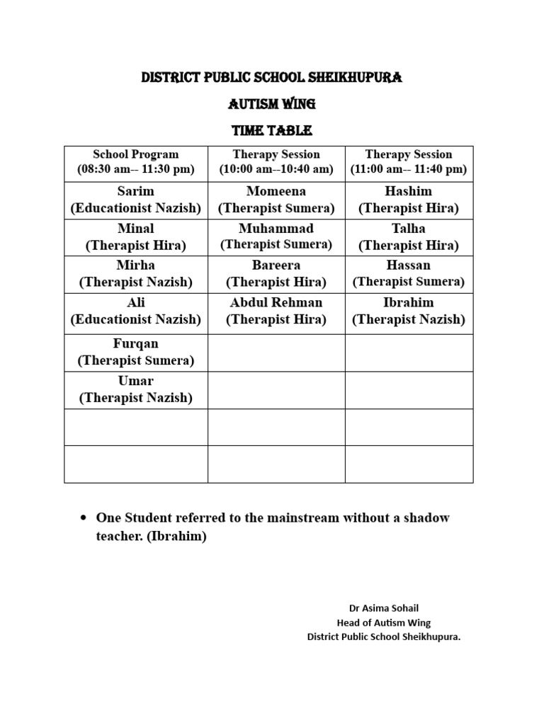 Autism Wing Timetable at DPS Sheikhupura | PDF