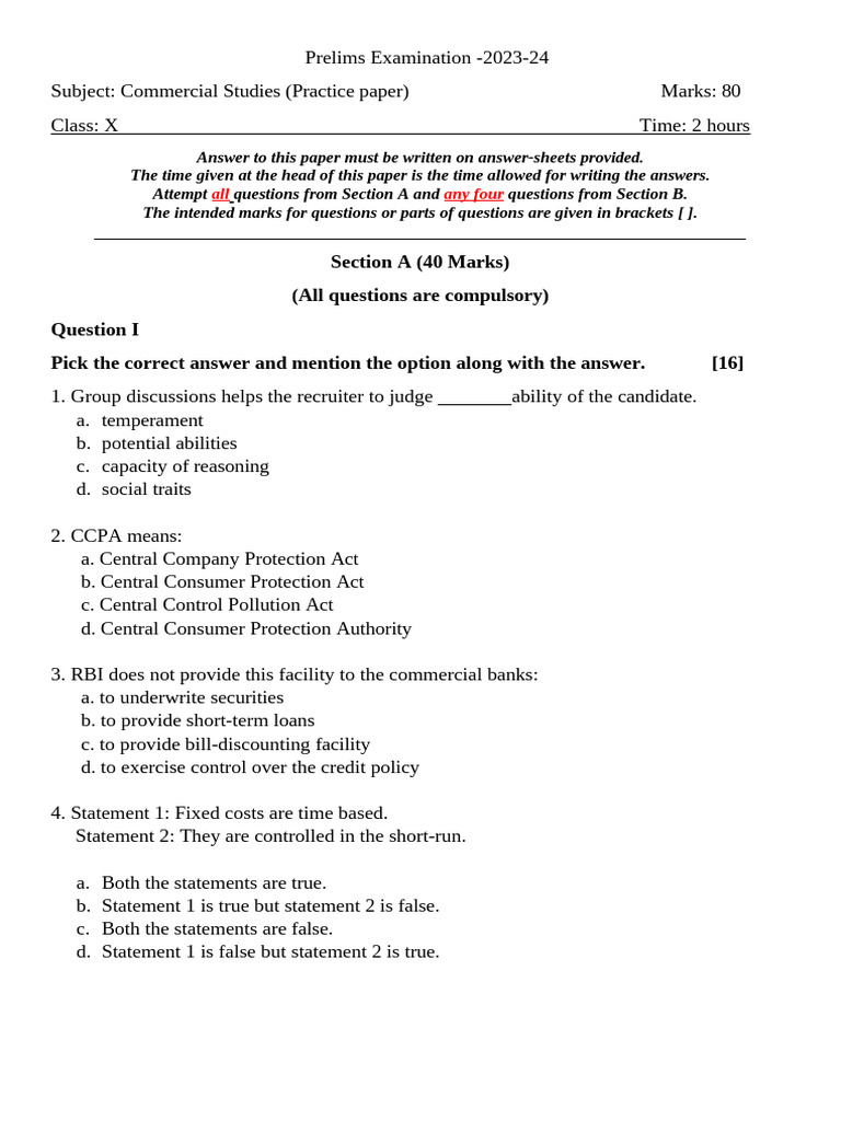 Commercial Studies Practice Paper 2023-24 | PDF | Insurance | Debits ...