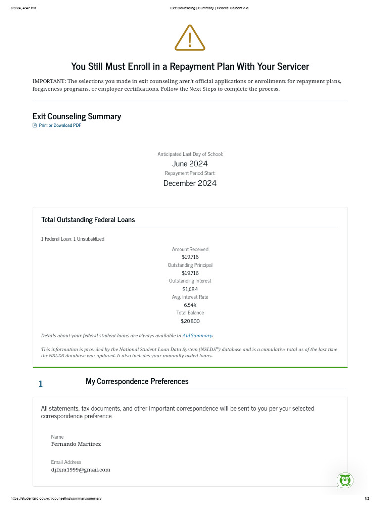 Exit Counseling - Summary - Federal Student Aid | PDF | Student Loans ...