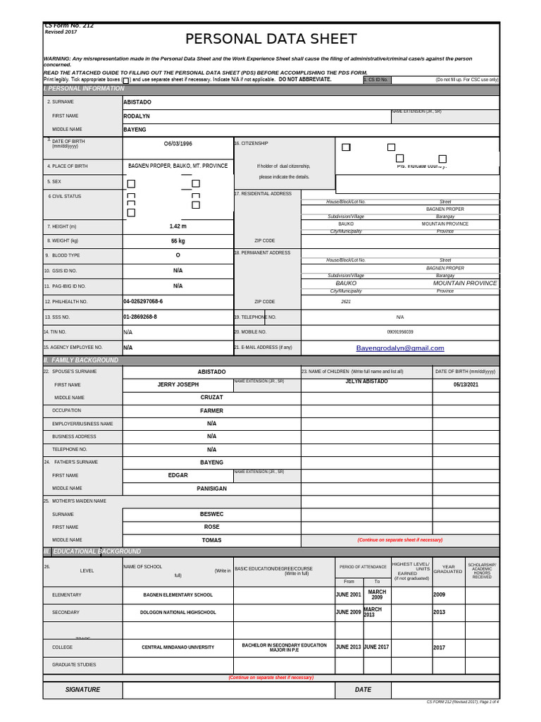 Personal Data Sheet Template | PDF | Affidavit | Justice