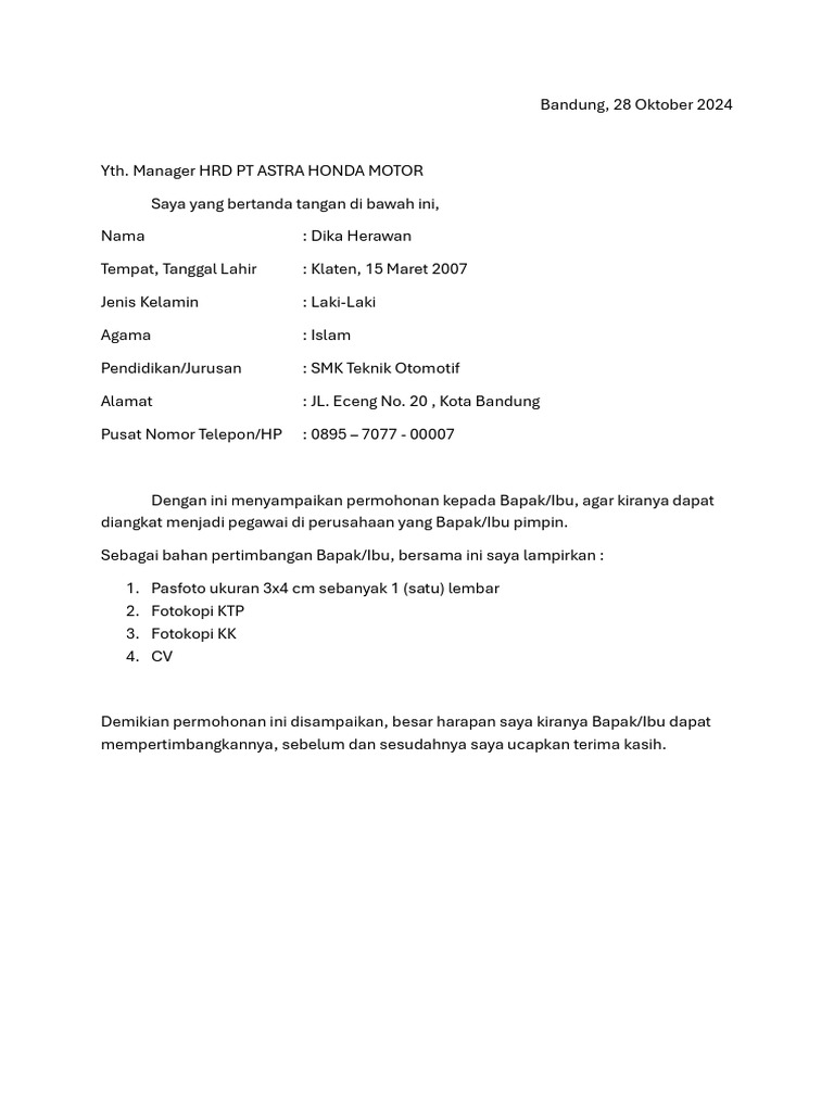 Surat Lamaran Kerja - Dika Herawan | PDF