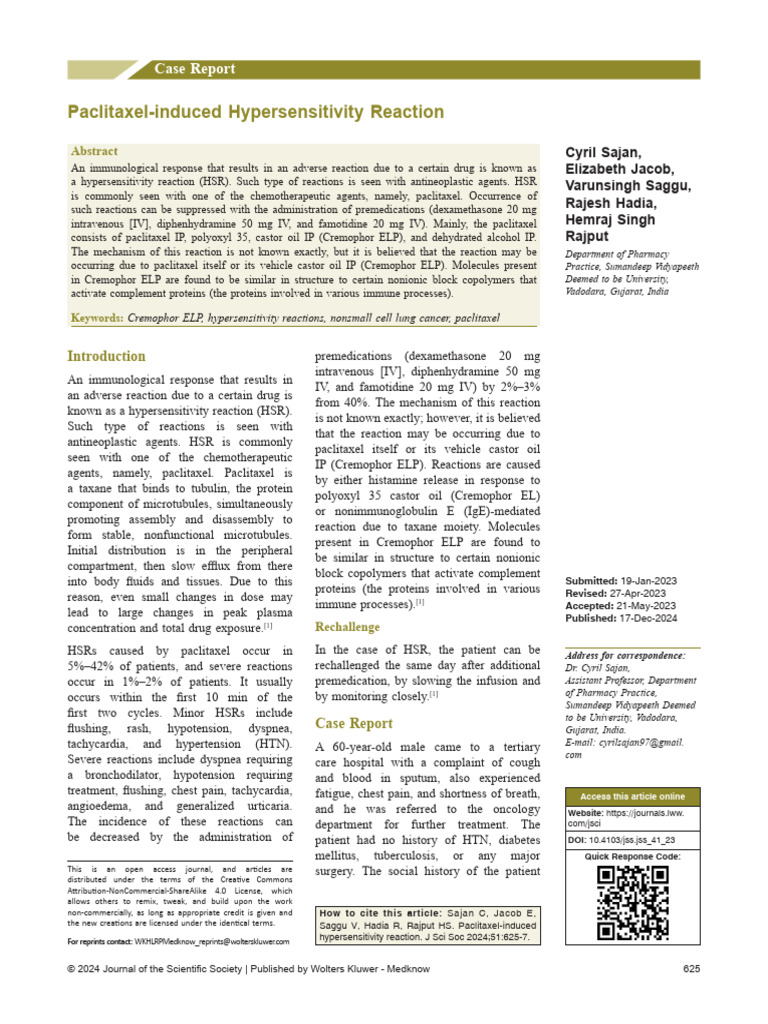 Paclitaxel Induced Hypersensitivity Reaction.22 | PDF | Lung Cancer ...