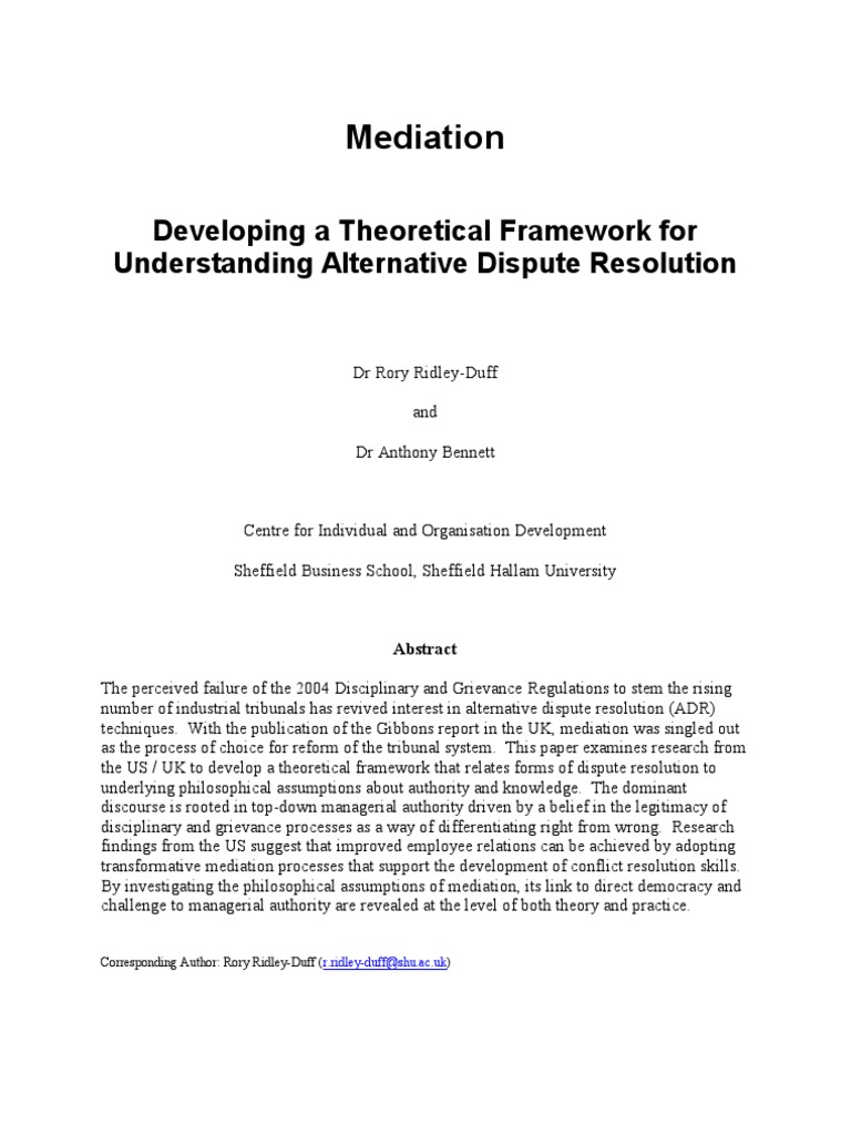 Theoretical Framework for Mediation in ADR | PDF | Mediation | Conflict ...
