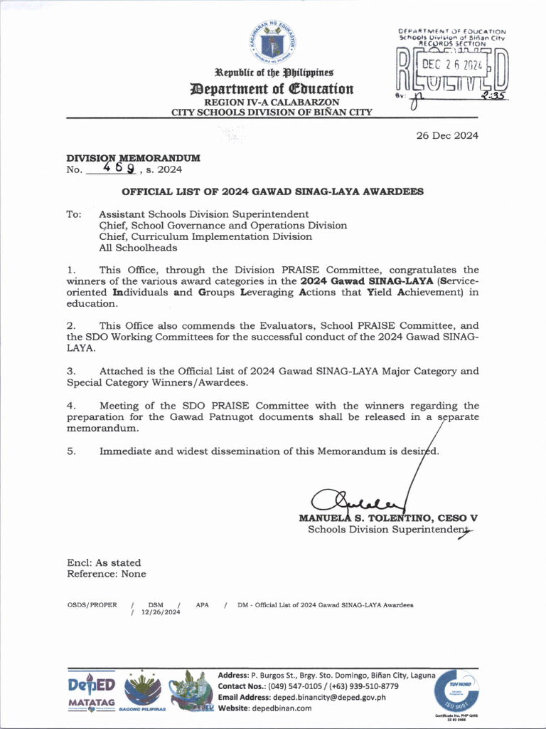 DM No. 469 S. 2024 Official List of 2024 Gawad Sinag-Laya Awardees | PDF