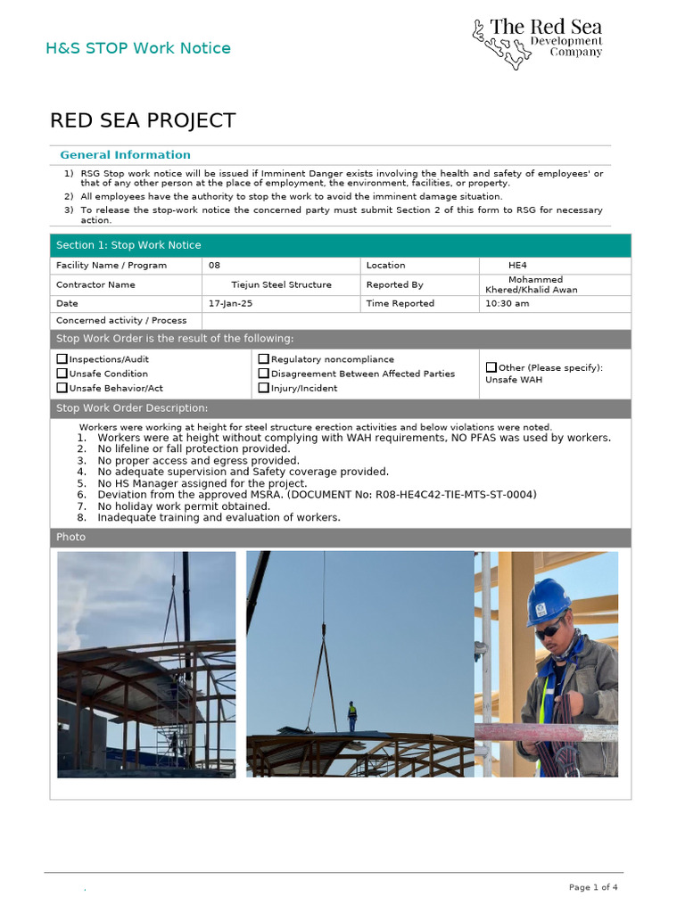 RSG-HS-FRM-0088 - H&S STOP Work Notice HE4 | PDF | Business | Labor ...